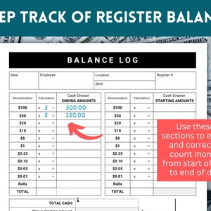 Cash Register Balance Sheet, Till Drawer Balance Log, Cash Drawer ...
