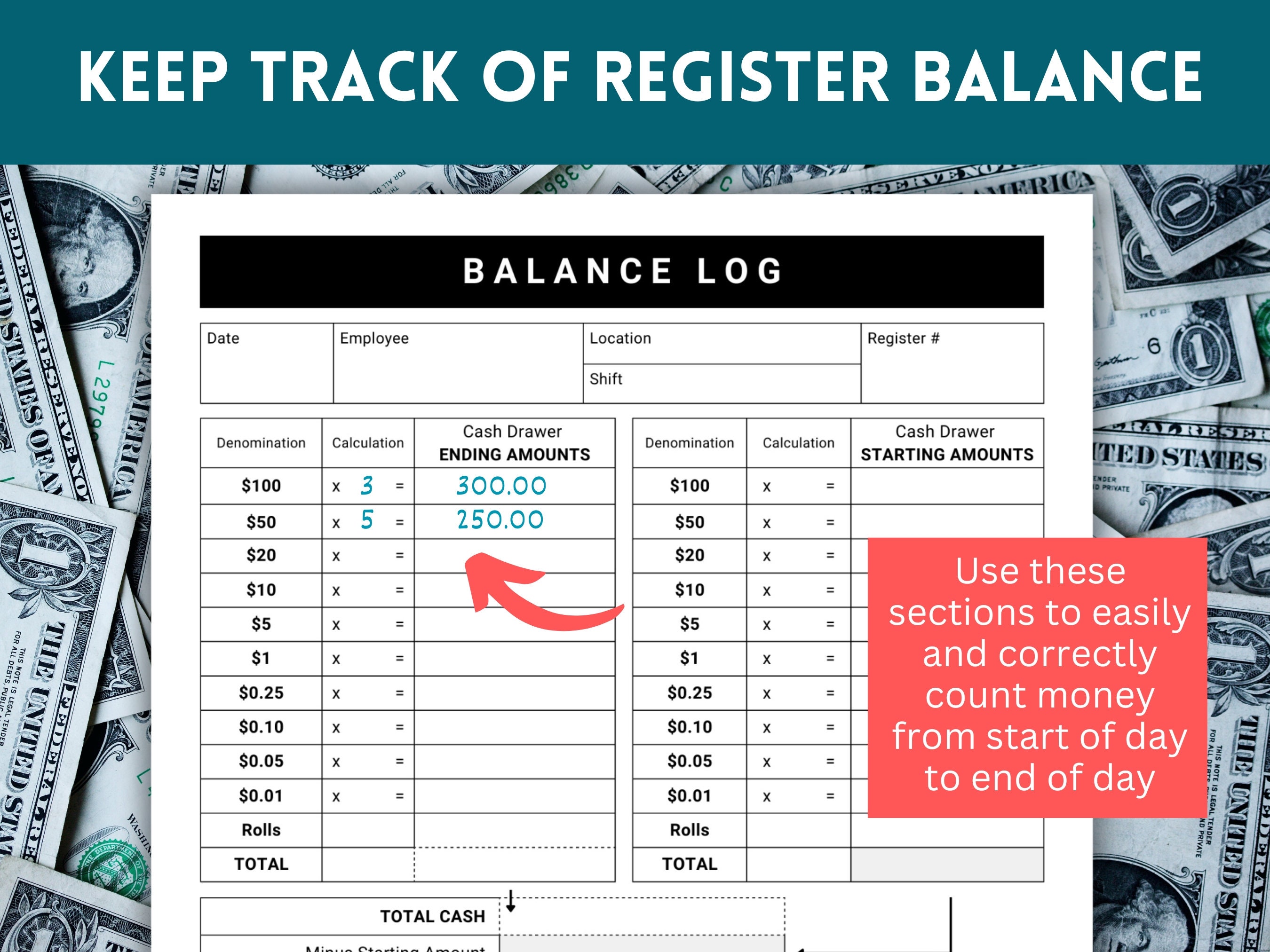Cash Register Balance Sheet, Till Drawer Balance Log, Cash Drawer ...