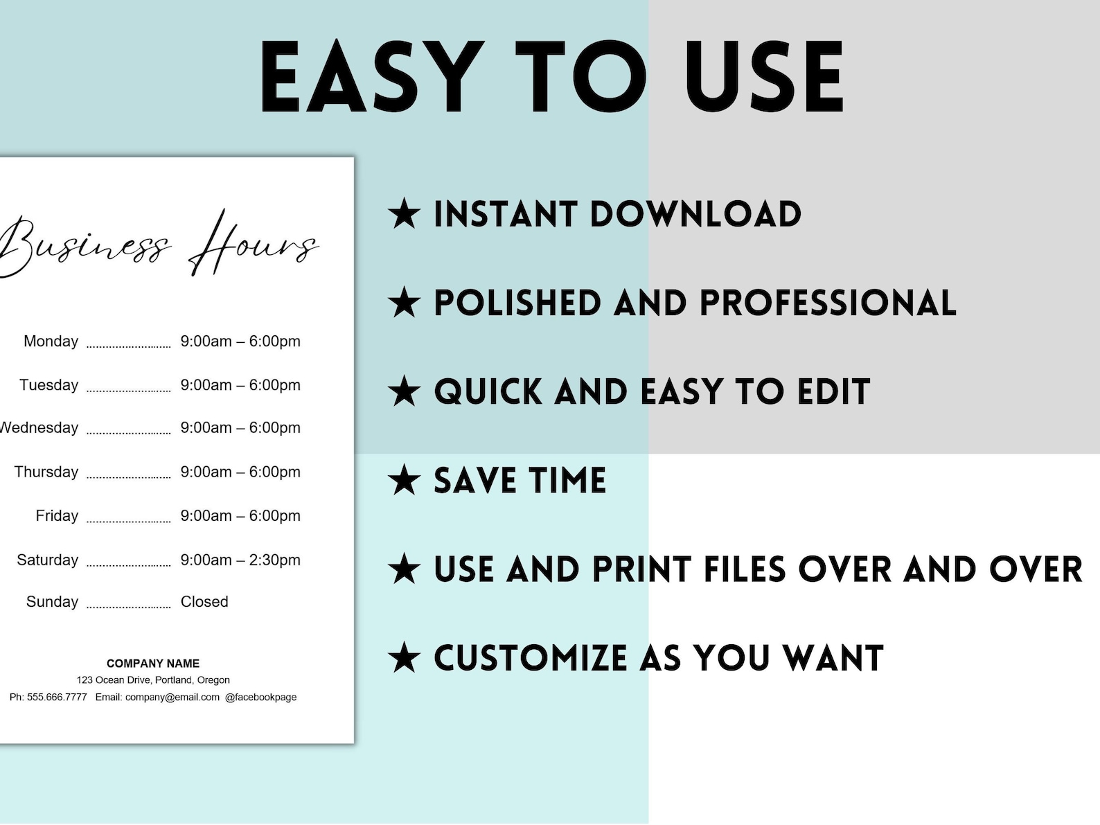 Business Hours Sign Editable Printable Template, Store Hours, Hours of ...