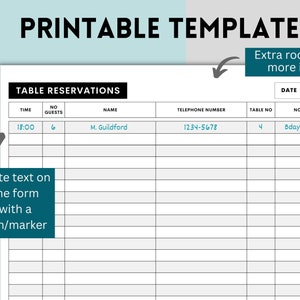Printable Table Reservation List, Restaurant Table Reservation Form ...