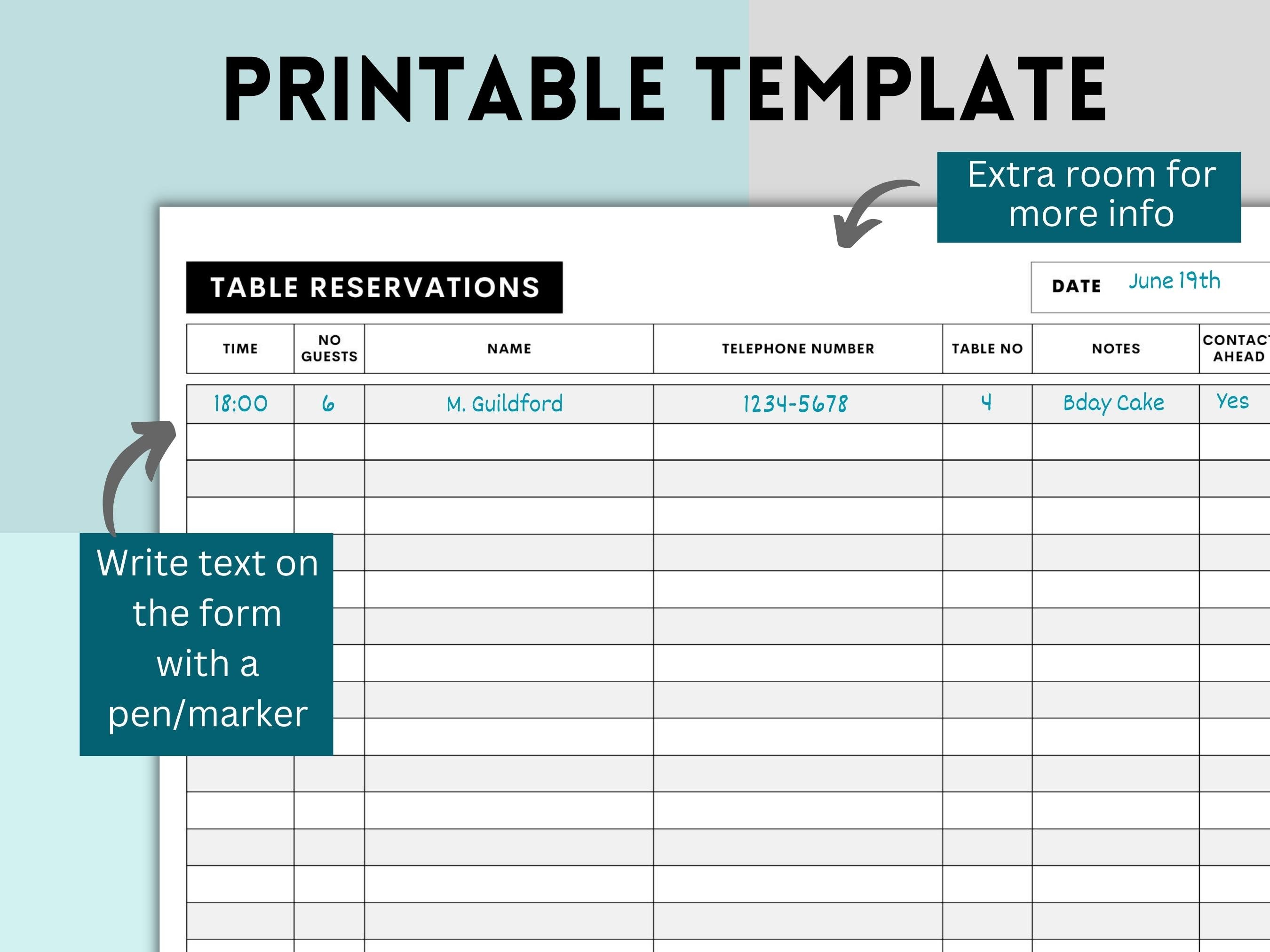 Printable Table Reservation List, Restaurant Table Reservation Form ...