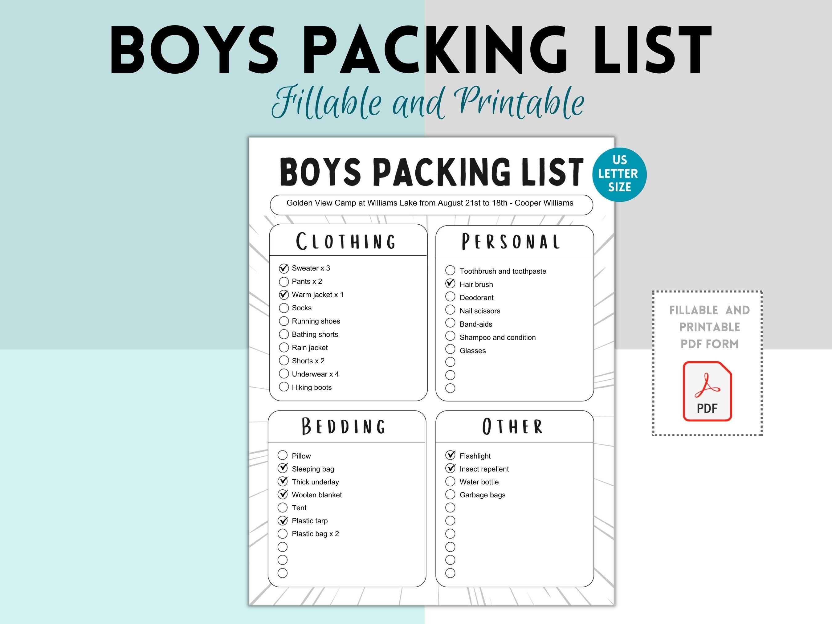 Editable Young Men Camp Packing List, Boys Camping Packing Checklist - Etsy