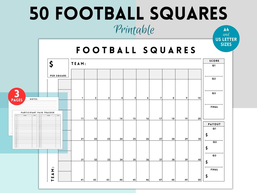 Printable 50 Football Squares, Football Fundraiser, Football Betting ...