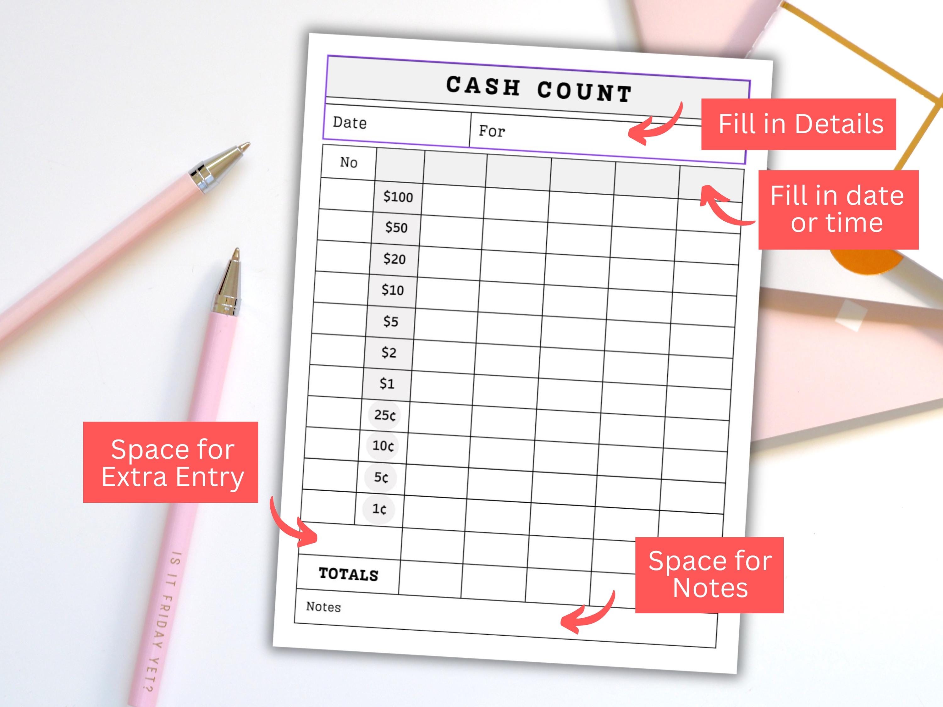 Cash Breakdown Count Sheet, Cash Breakdown Slip, Cash Withdrawal Slip ...
