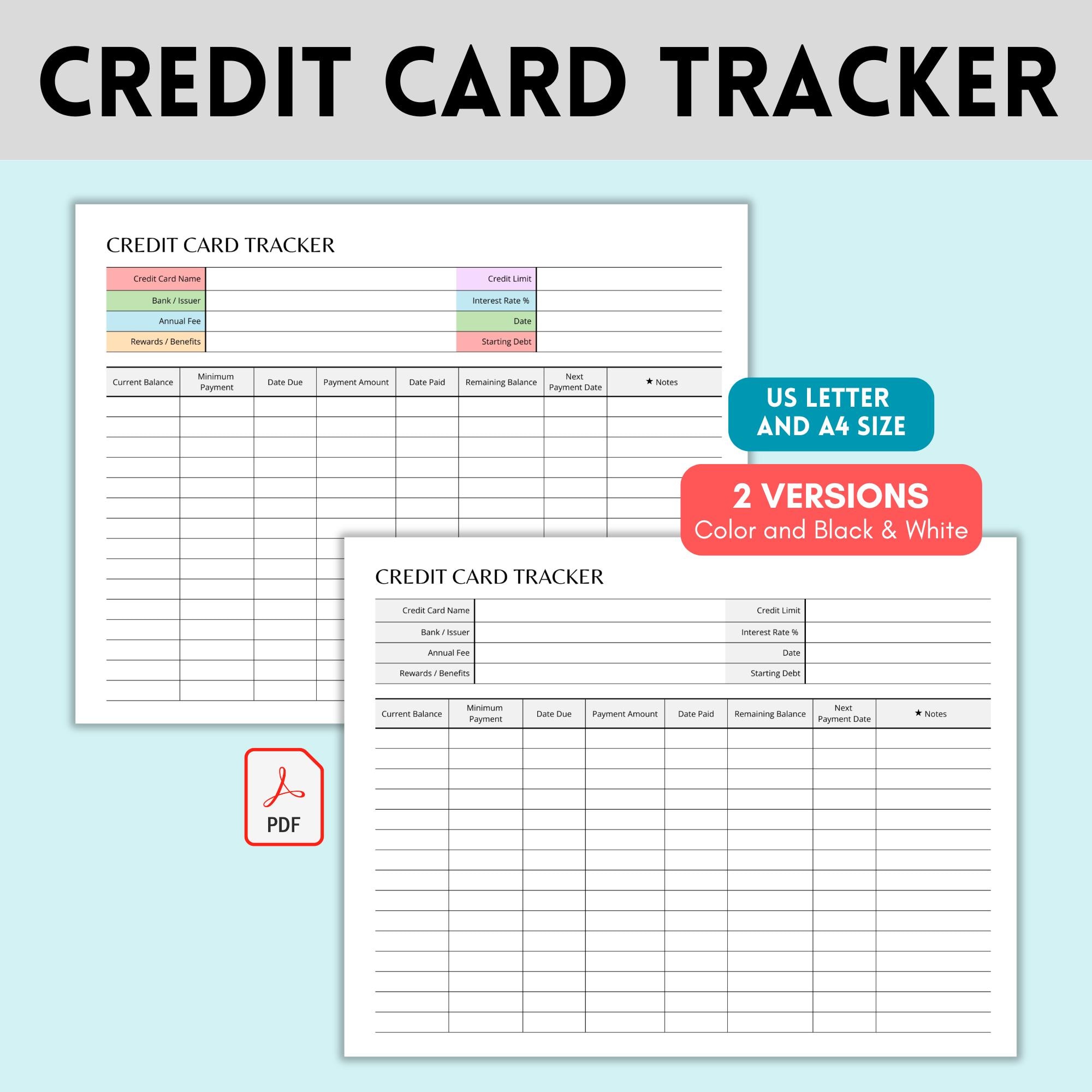 Credit Card Tracker, Credit Card Planner, Debt Free Journey, Finance ...