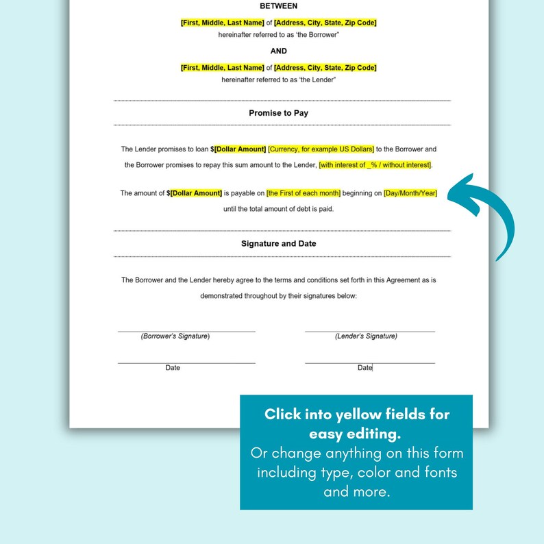 Promissory Note, Editable Promissory Note for Payment, Simple Personal ...