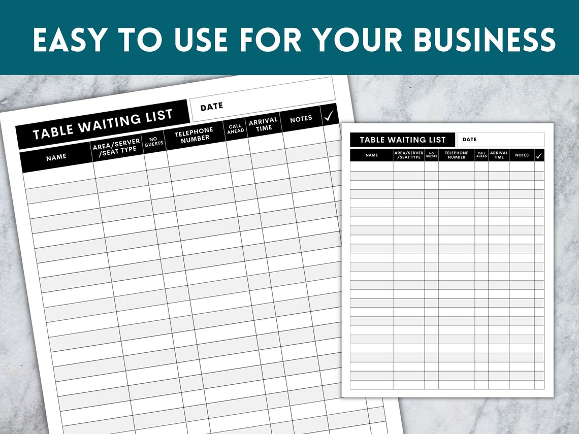 Printable Table Waiting List, Restaurant Table Waiting Form, Restaurant ...