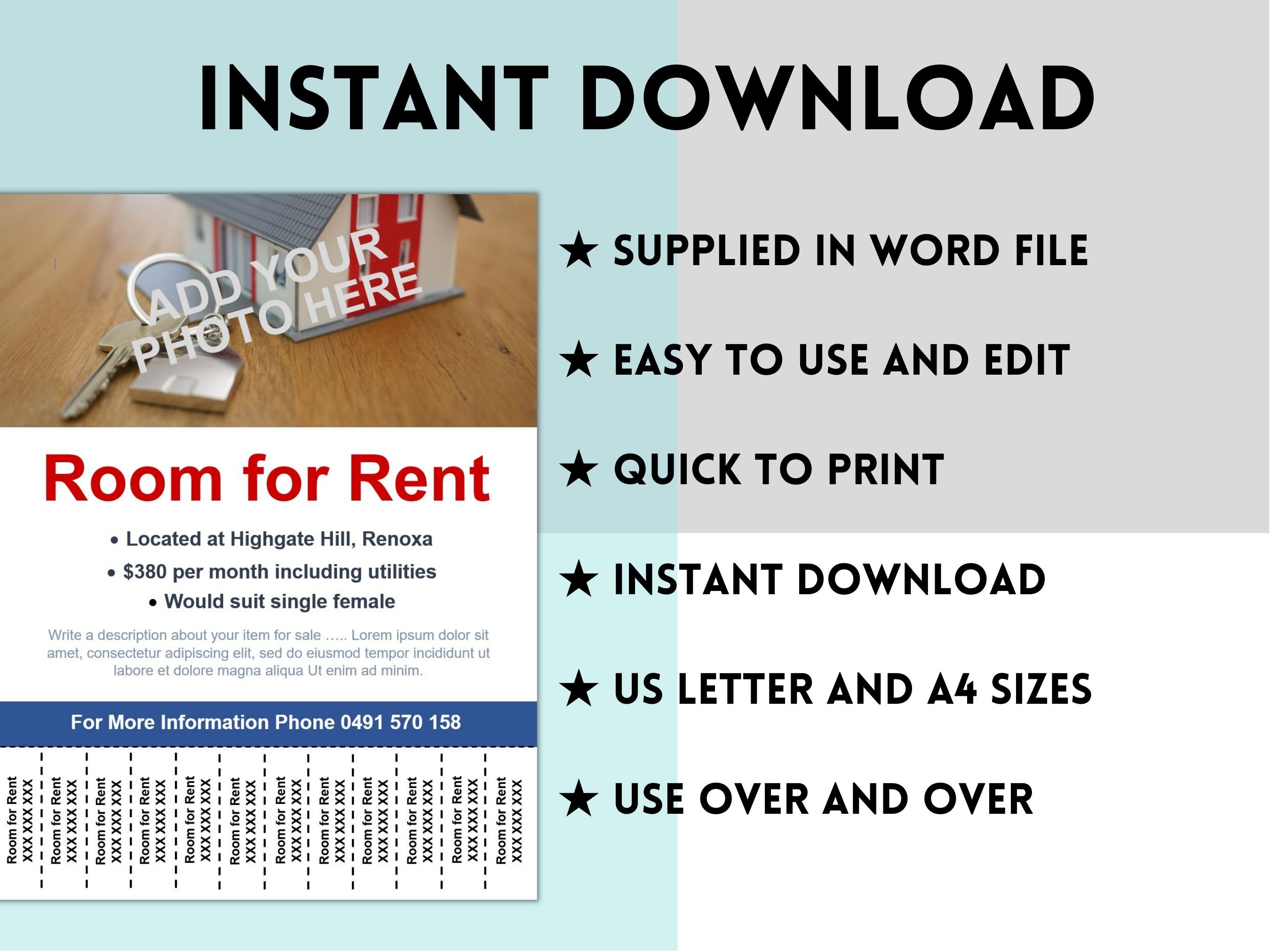Editable Room for Rent Tear-off Flyer, Advertisement Flyer, Flyer ...
