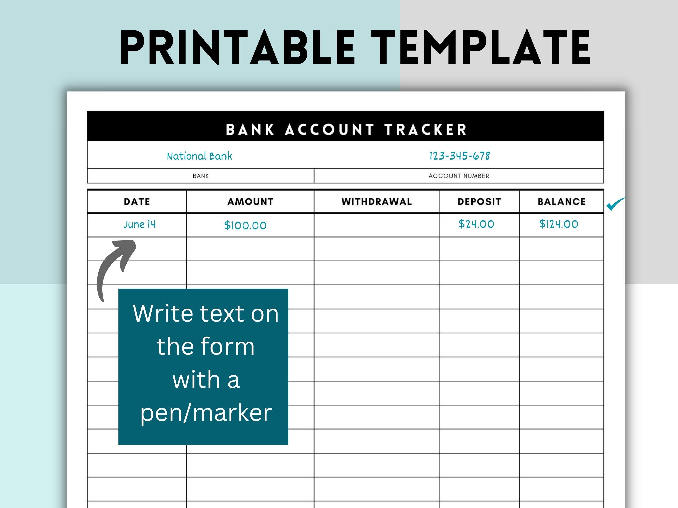 Bank Account Tracker Printable Form, Bank Deposit Log, Money Balance ...