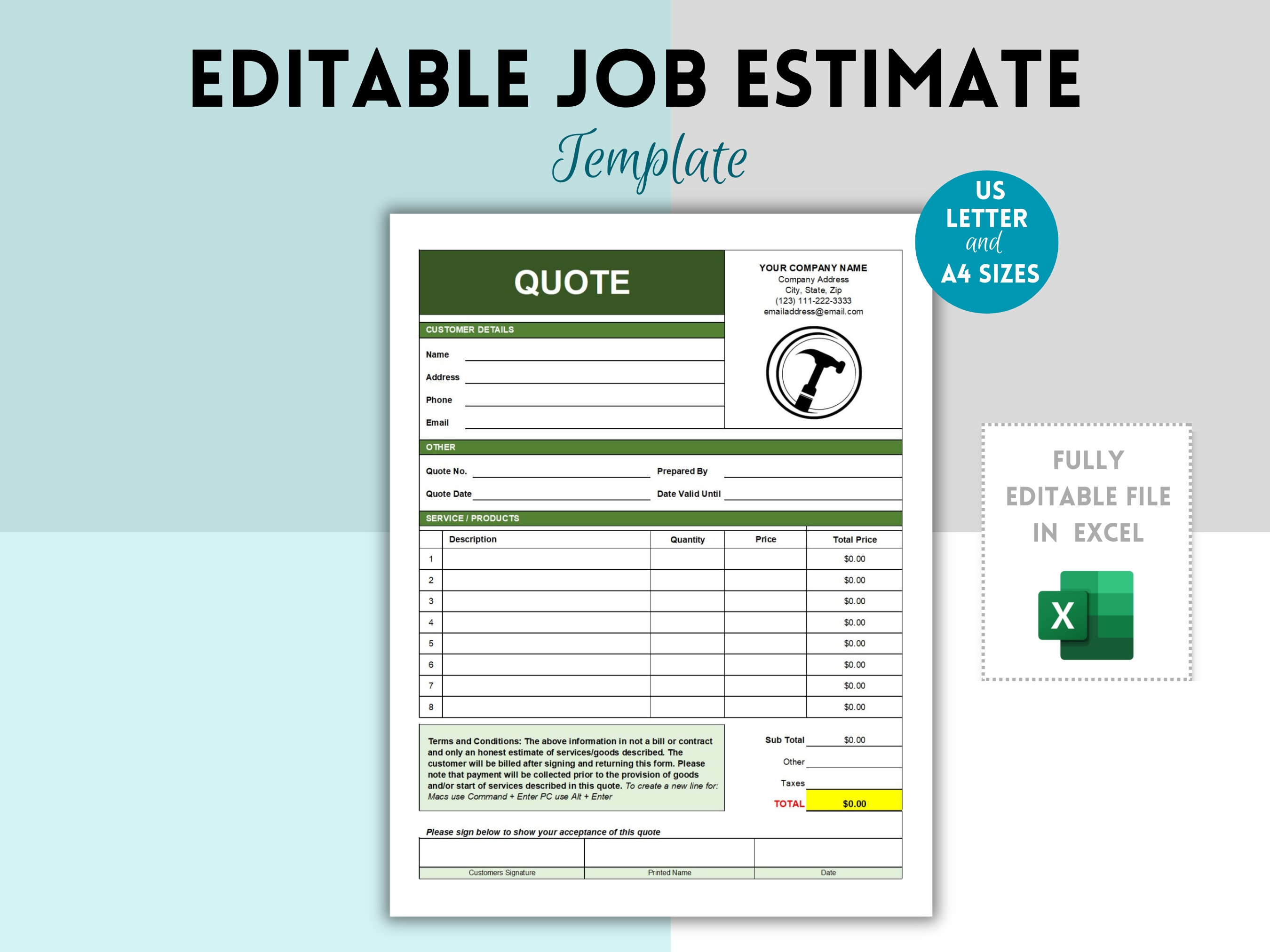 Job Estimate Template, Job Quote, Printable Job Estimate Template ...
