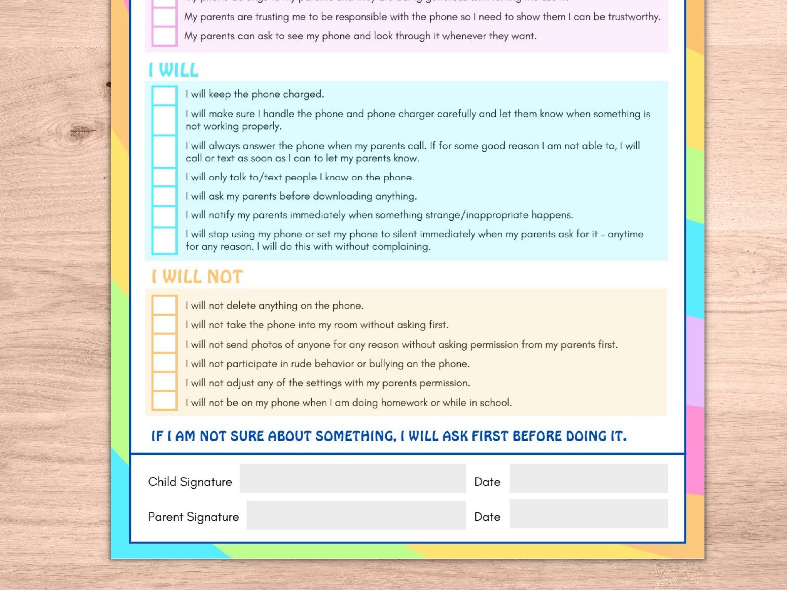 Cell Phone Contract for Child, Cell Phone Agreement, Phone Contract for ...