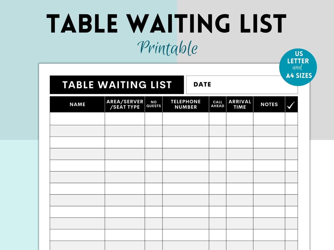 Printable Table Waiting List, Restaurant Table Waiting Form, Restaurant ...