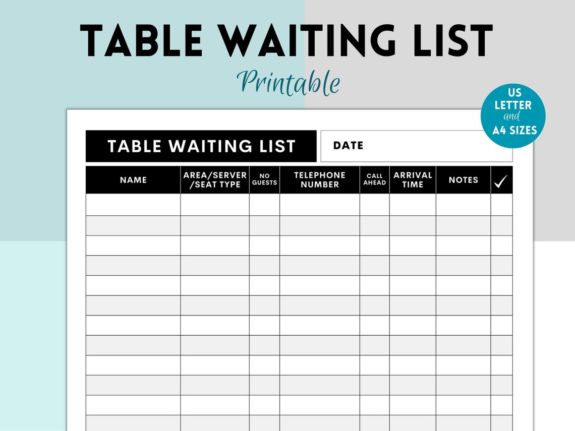 Printable Table Waiting List, Restaurant Table Waiting Form, Restaurant ...
