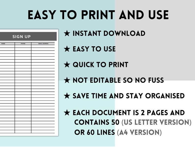 Printable Sign up Sheet. Sign up Template, Event Sign Up, Party Sign Up ...