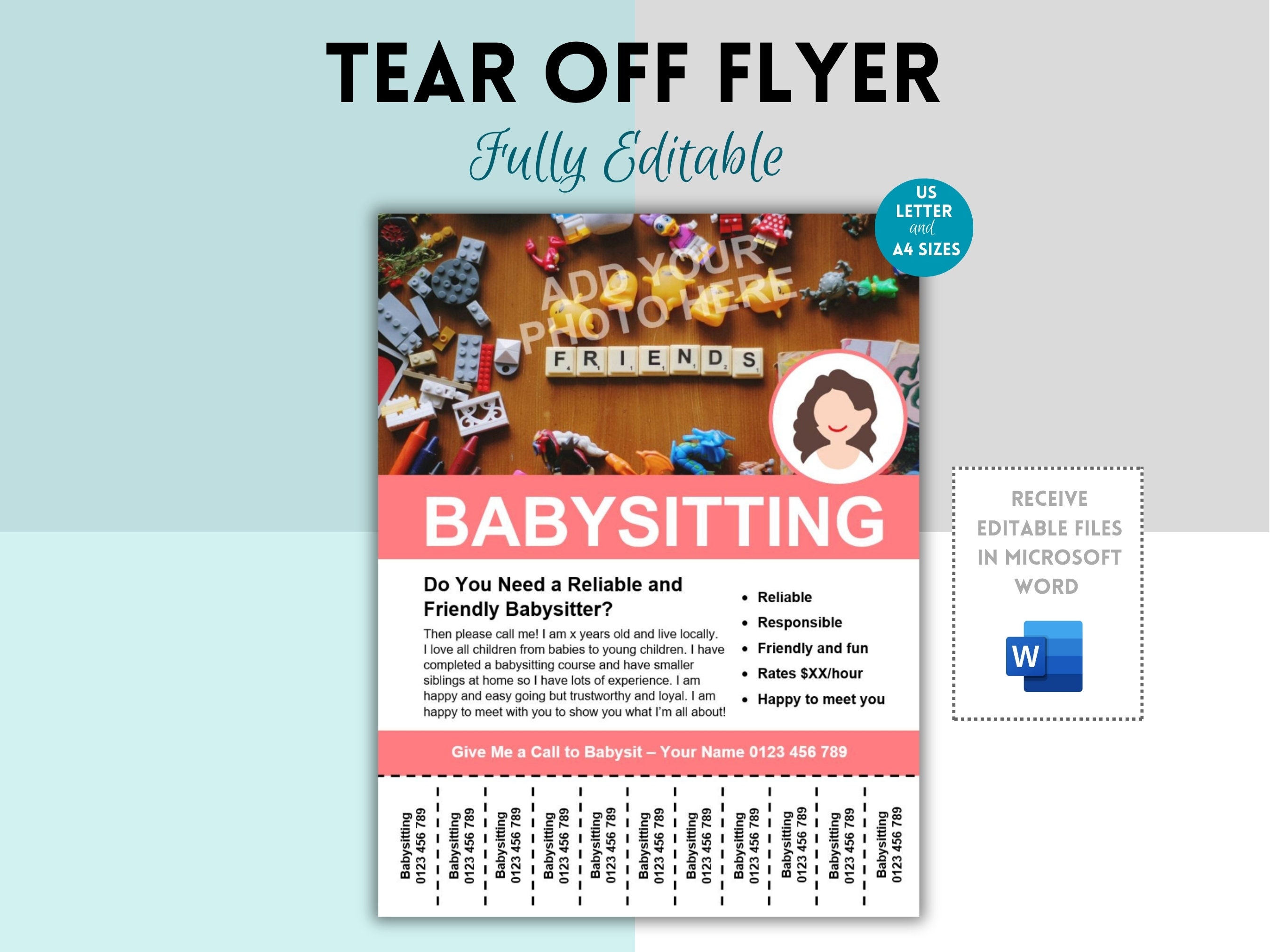 Editable Babysitting Tear-off Flyer, Flyer Template, Childcare Ad, Tear ...