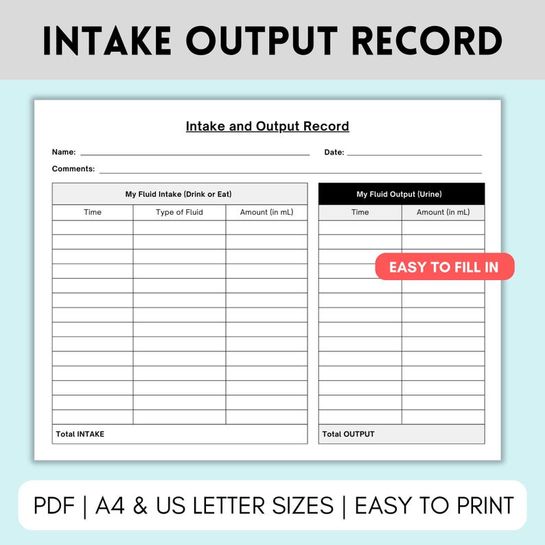 Fluids Intake and Output Record, Fluid Balance Chart, Intake Output ...