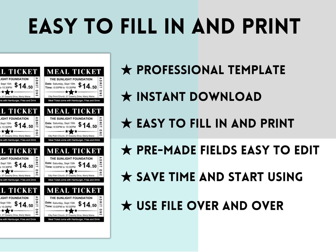 Editable Food Event Ticket, Food Ticket Printable, Editable Meal Ticket ...