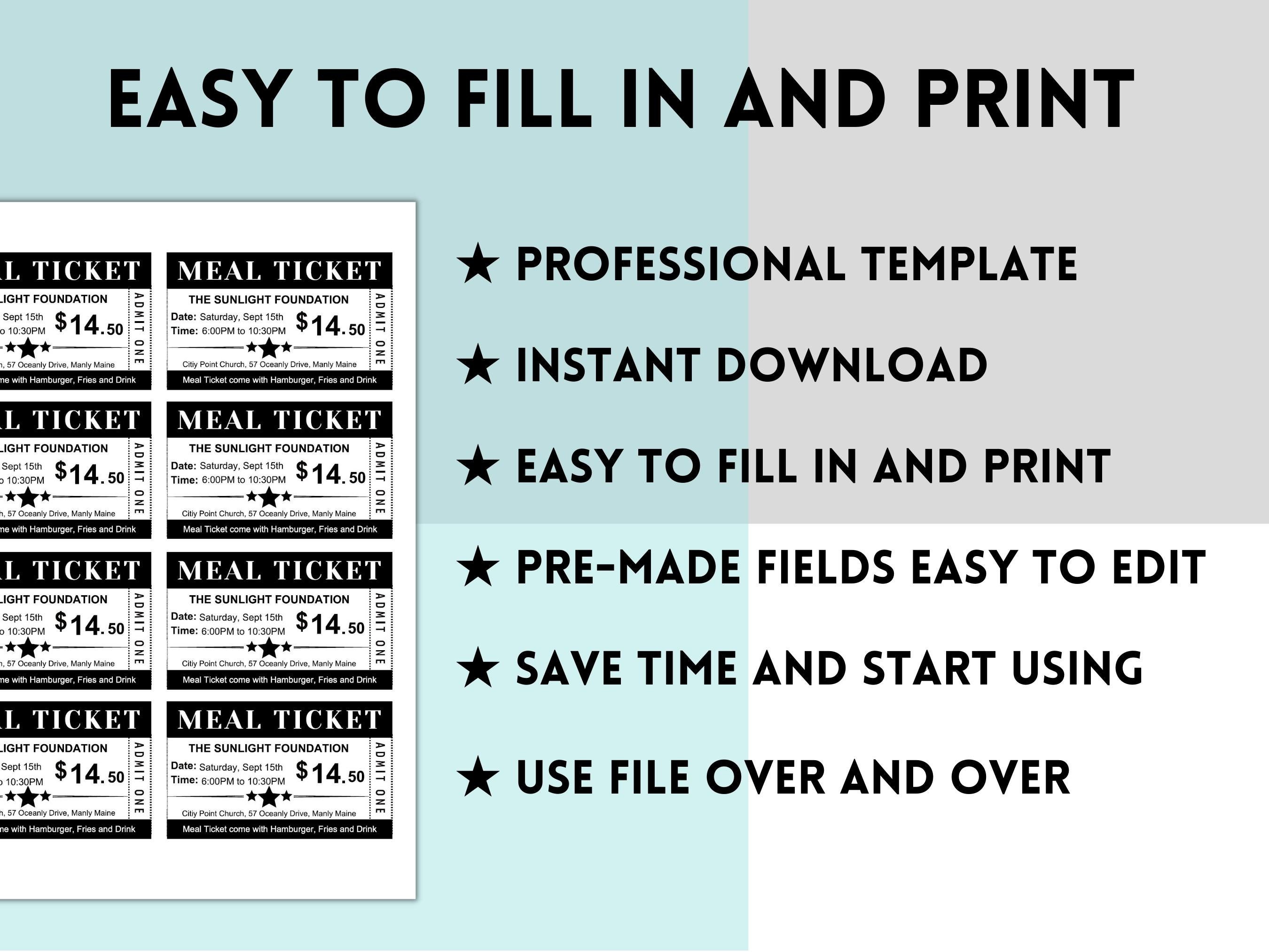 Editable Food Event Ticket, Food Ticket Printable, Editable Meal Ticket ...