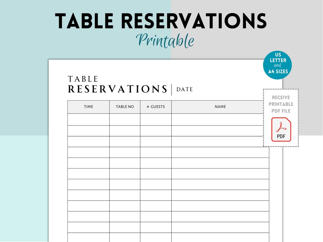 Printable Table Reservation List, Restaurant Table Reservation Form ...