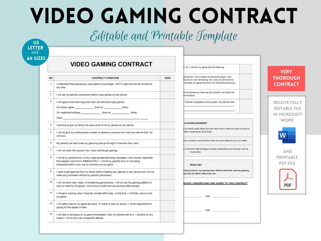 Video Gaming Contract for Teenagers, Screen Time Rules, House Rules ...