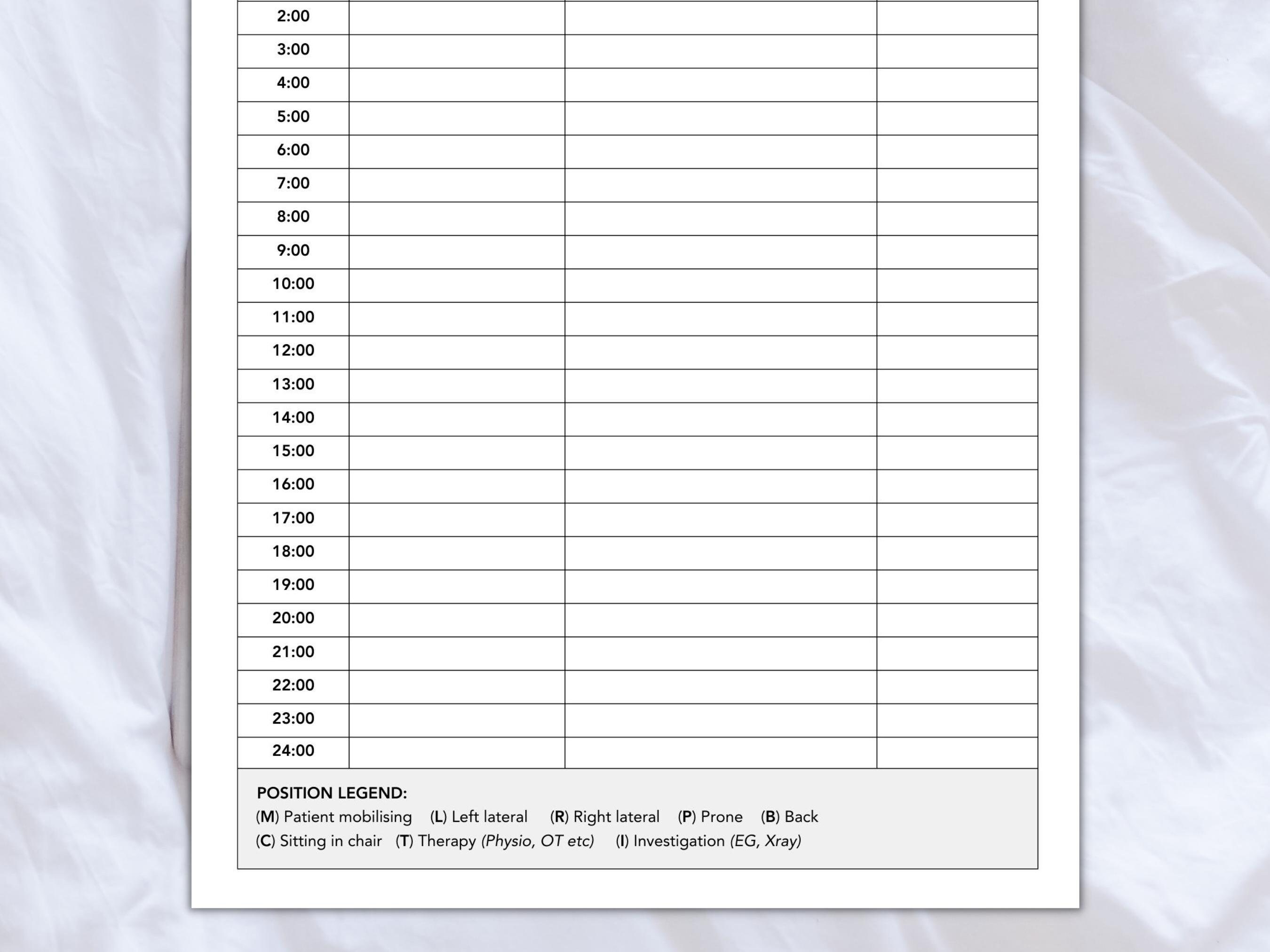 Patient Positioning and Turn Chart, Patient Repositioning Chart ...