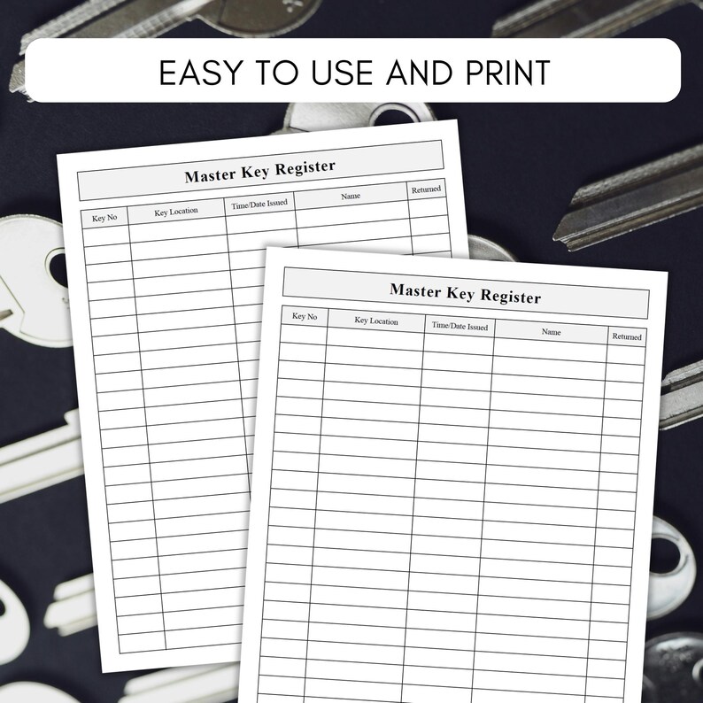 Master Key Log, Master Key Register, Master Key Record, Key Tracking ...