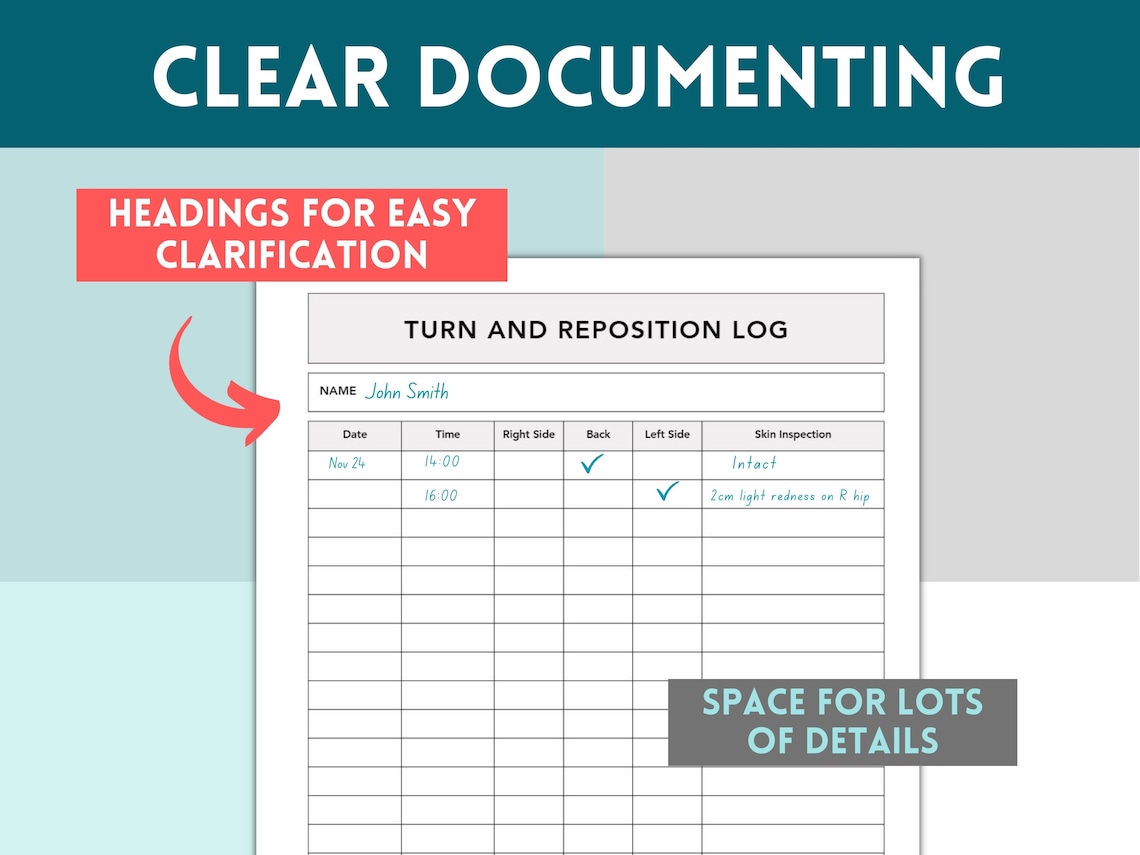 Turn and Reposition Log, Patient Positioning and Turn Chart, Patient ...