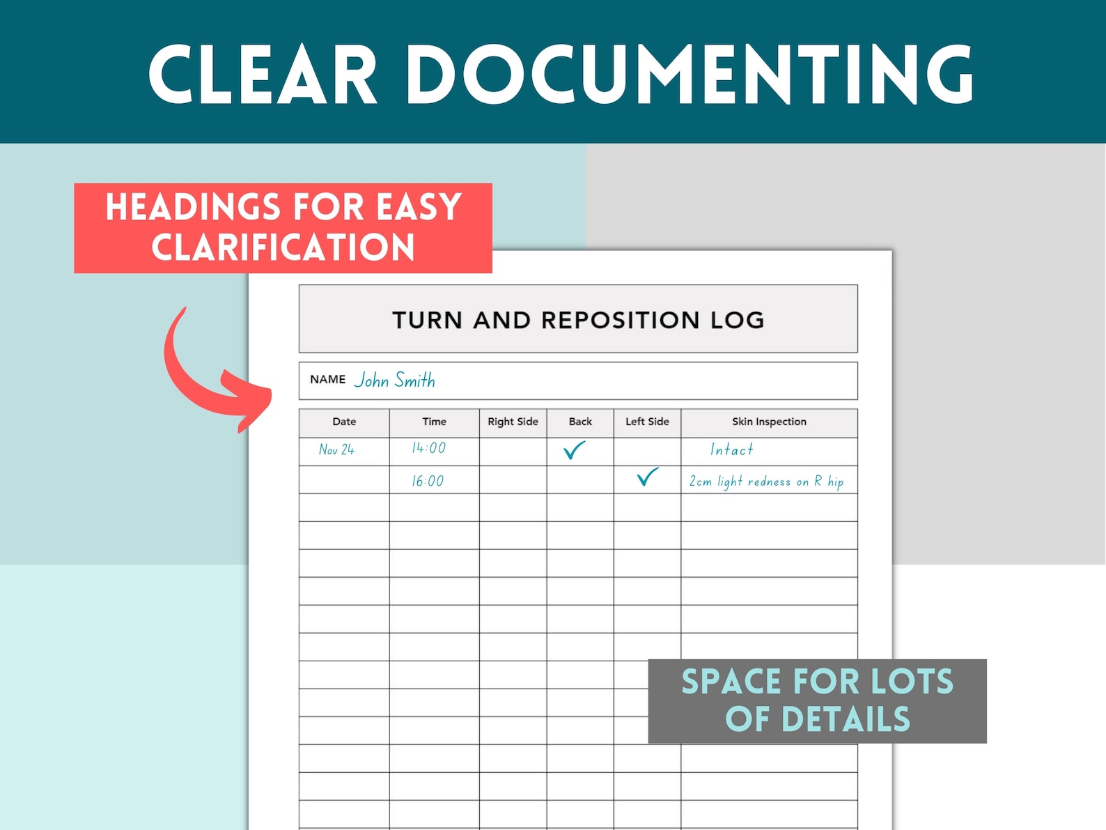 Turn and Reposition Log, Patient Positioning and Turn Chart, Patient ...