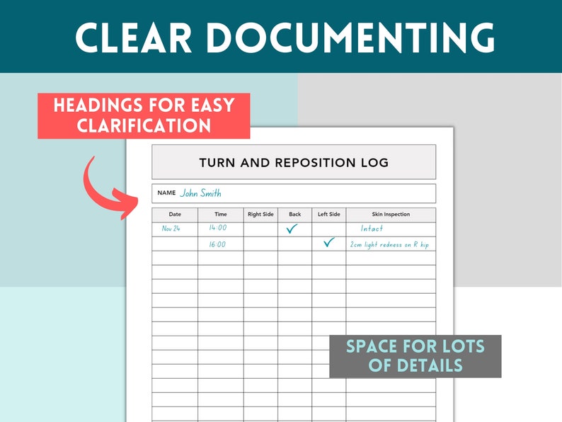 Turn and Reposition Log, Patient Positioning and Turn Chart, Patient ...