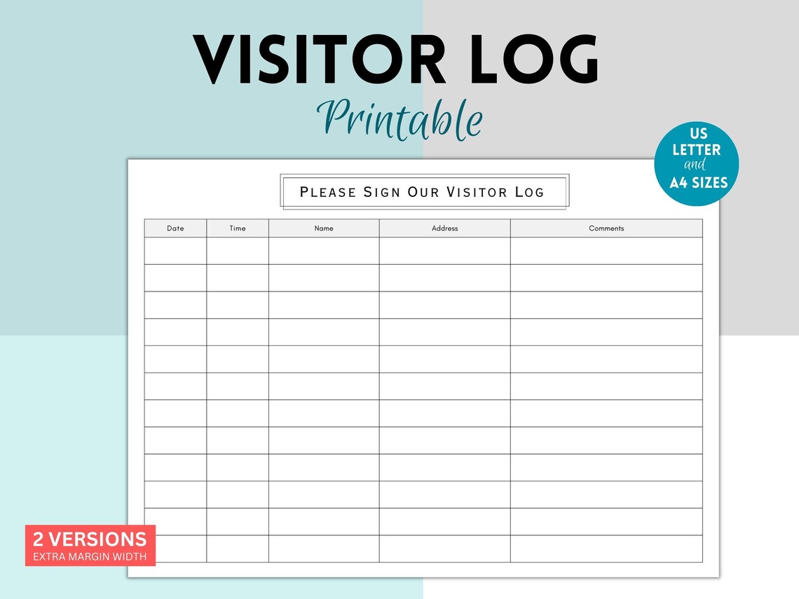 Printable Visitor Log, Visitor Sign in Sheet, Visitor Logbook, Visitor ...