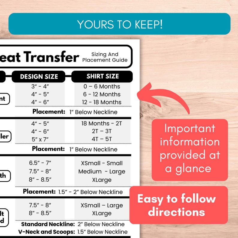 Heat Transfer Vinyl Sizing Guide, Printable HTV Sizing Guide, T-shirt ...
