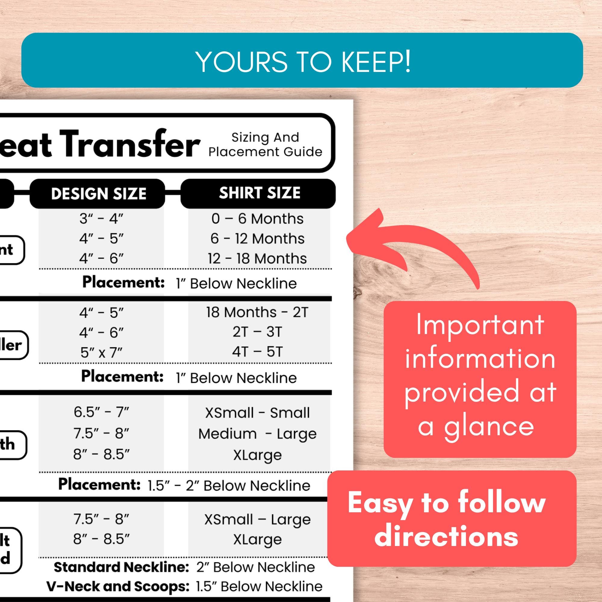 Heat Transfer Vinyl Sizing Guide, Printable HTV Sizing Guide, T-shirt ...