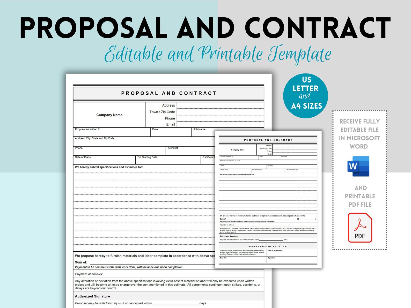 Proposal and Contract Template, Printable Proposal Form, Printable ...