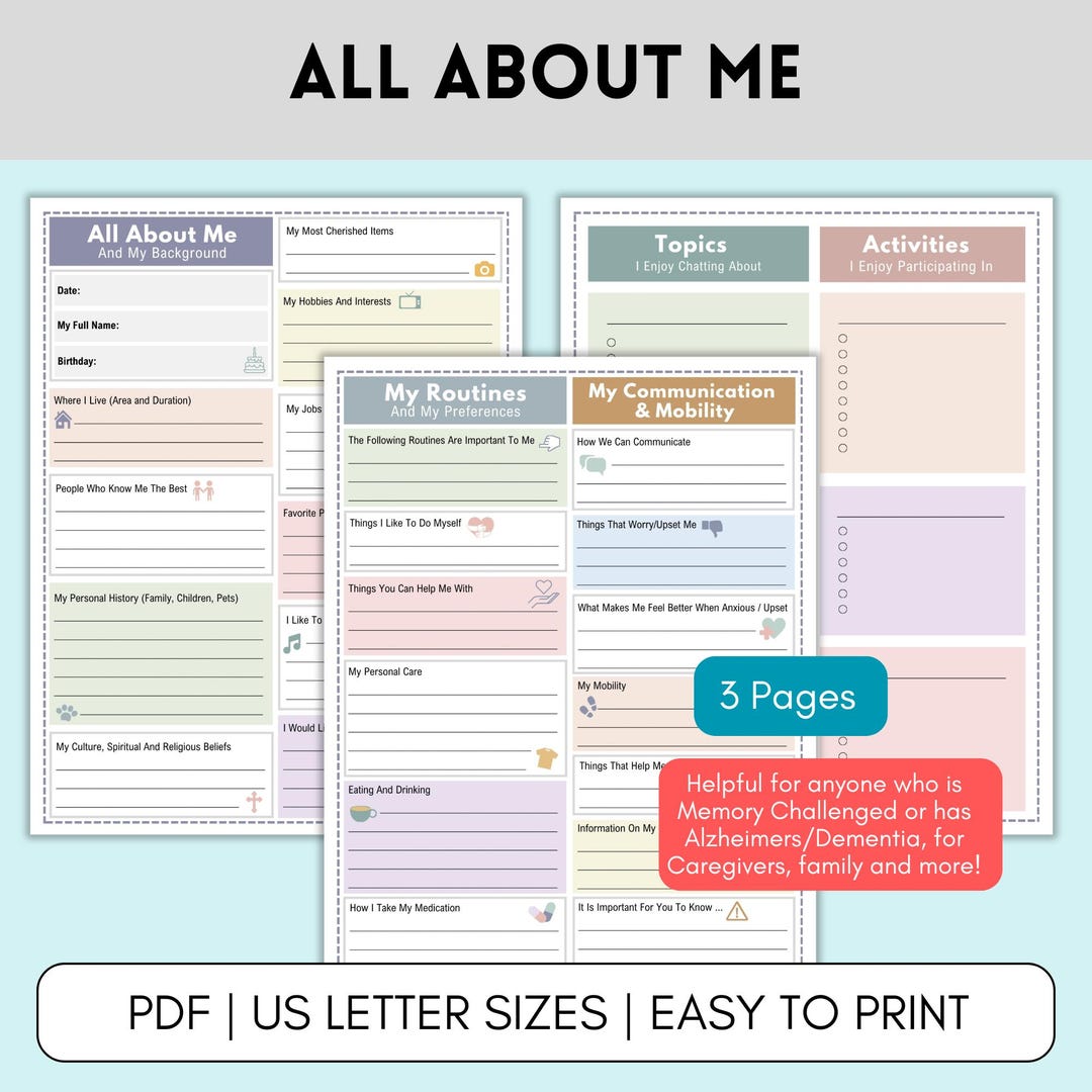 Printable Dementia All About Me, Dementia Caregiver Daily Tracker ...