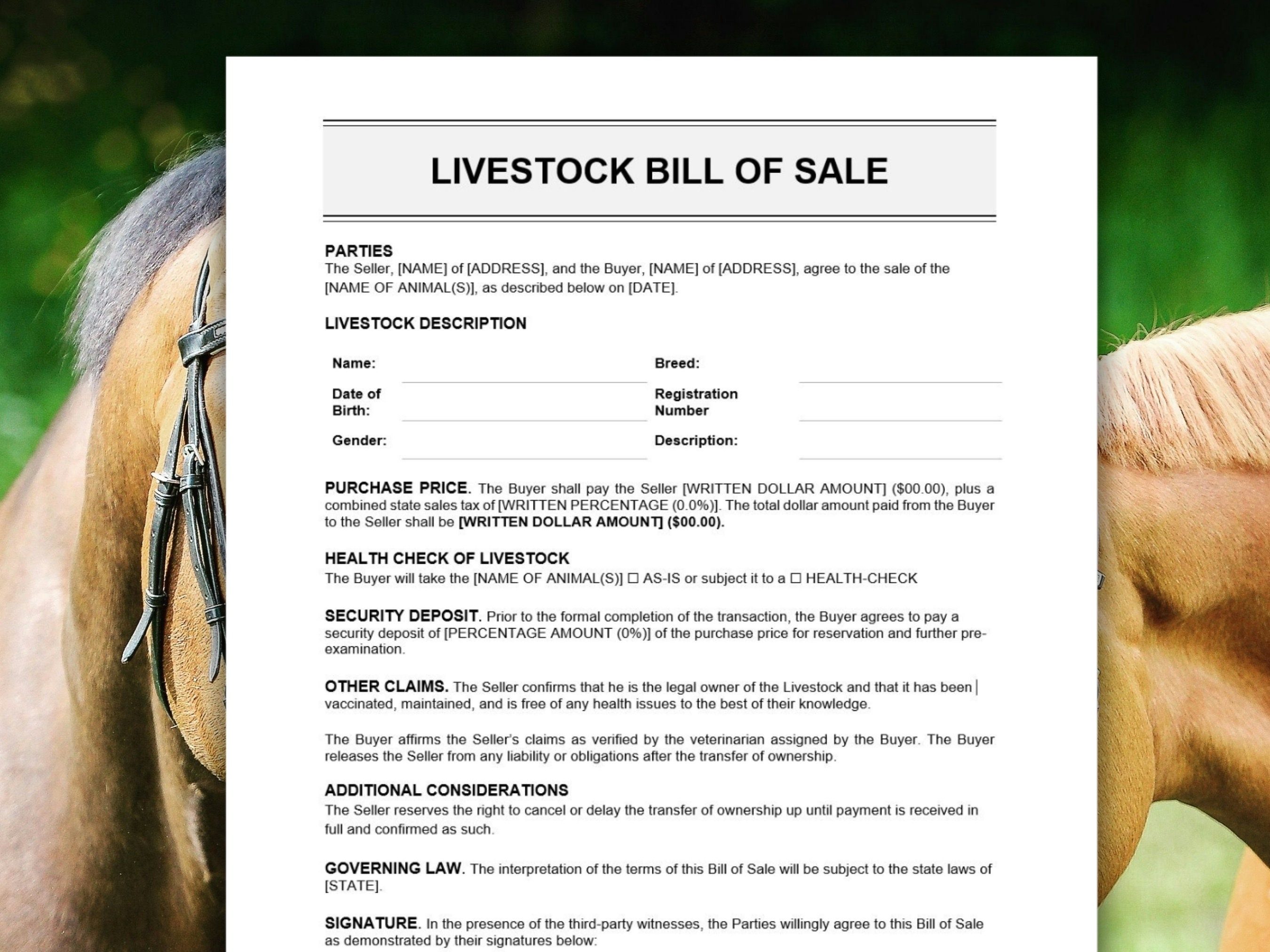 Livestock Bill of Sale Template, Horse Bill of Sale, Farm Animal for ...