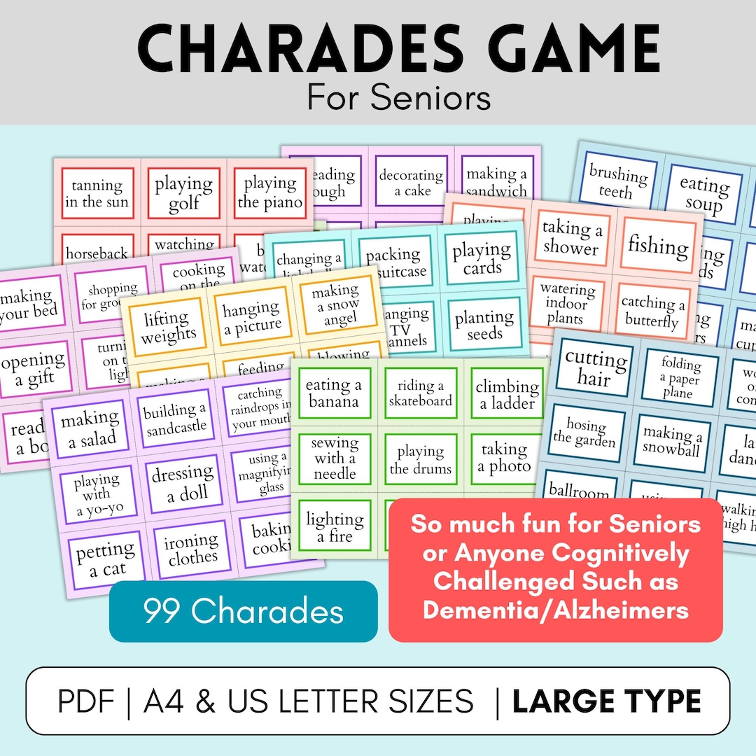 Charade Cards for Seniors, Dementia Activities, Printable Charades ...