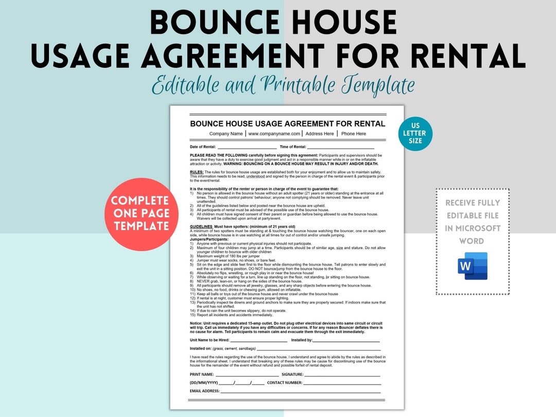 Bounce House Usage Agreement for Rent, Jumper Rental Agreement ...