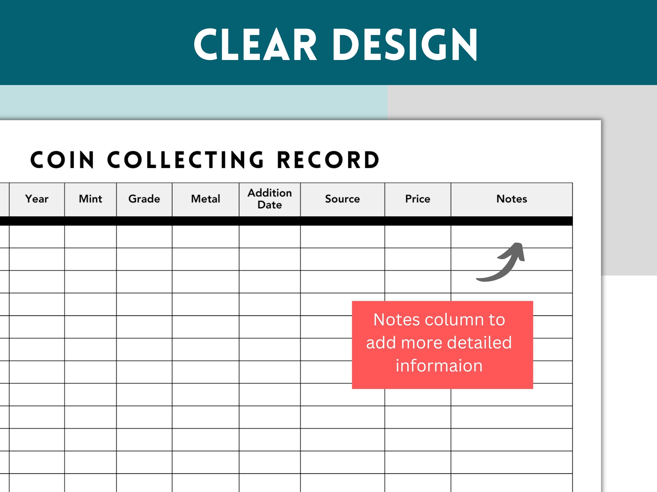Coin Collection Record, Coin Inventory Log, Coin Collection ...