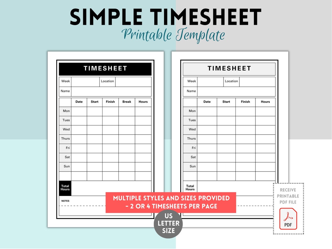 Simple Employee Timesheet, Printable Time Sheet, Time Card, Time ...