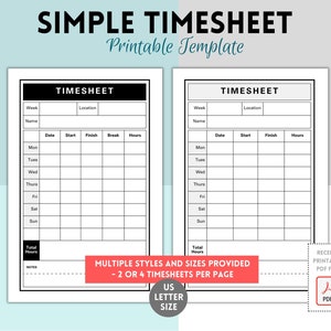 Simple Employee Timesheet, Printable Time Sheet, Time Card, Time ...
