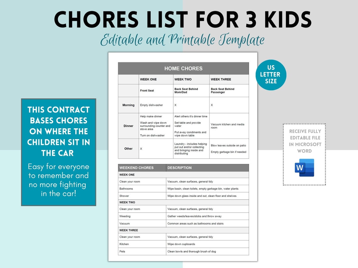 Editable Chore Chart for Kids, Printable Chore List Template, House ...