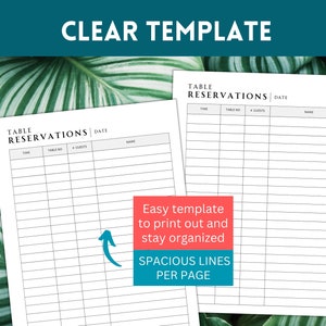 Printable Table Reservation List, Restaurant Table Reservation Form ...