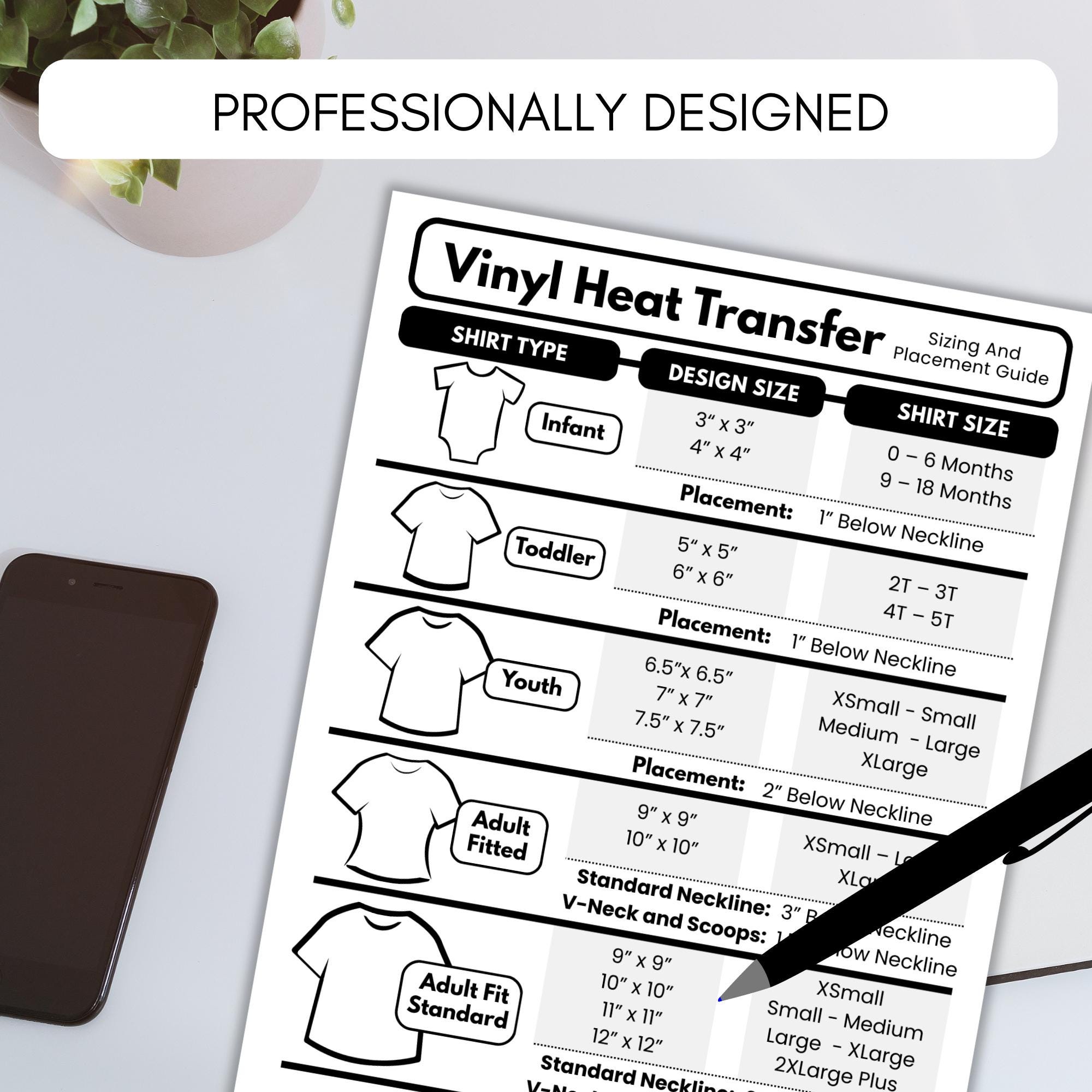 Heat Transfer Vinyl Sizing Guide, Printable HTV Sizing Guide, T-shirt Decal Vinyl Sizing, HTV ...