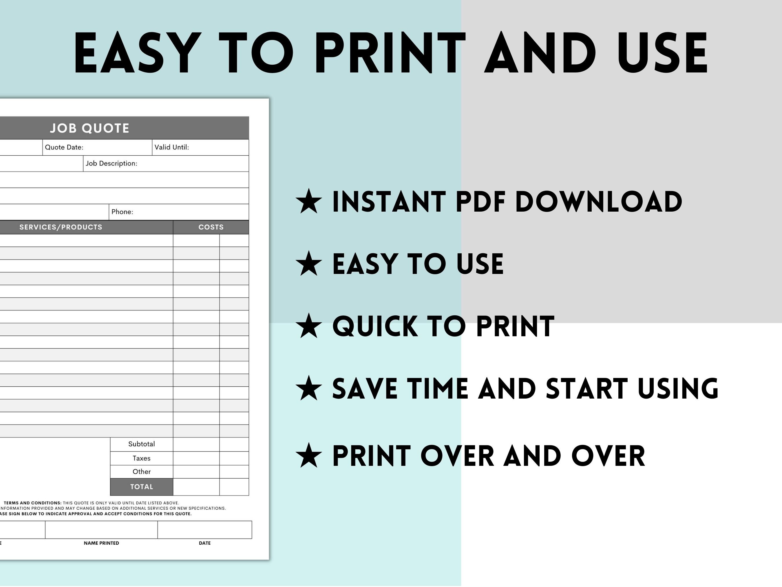 Printable Quote Template, Quote Form, Job Proposal Template ...