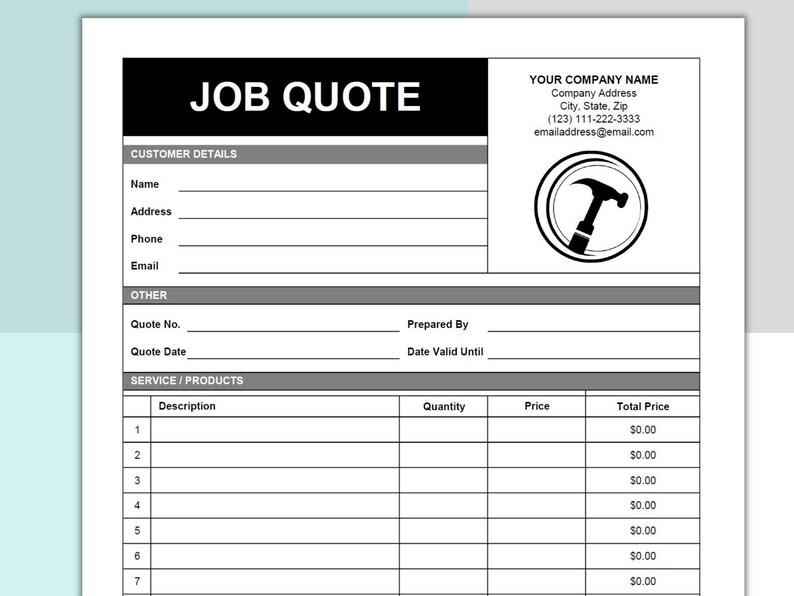 Job Estimate Template, Printable Job Estimate Template, Editable EXCEL ...