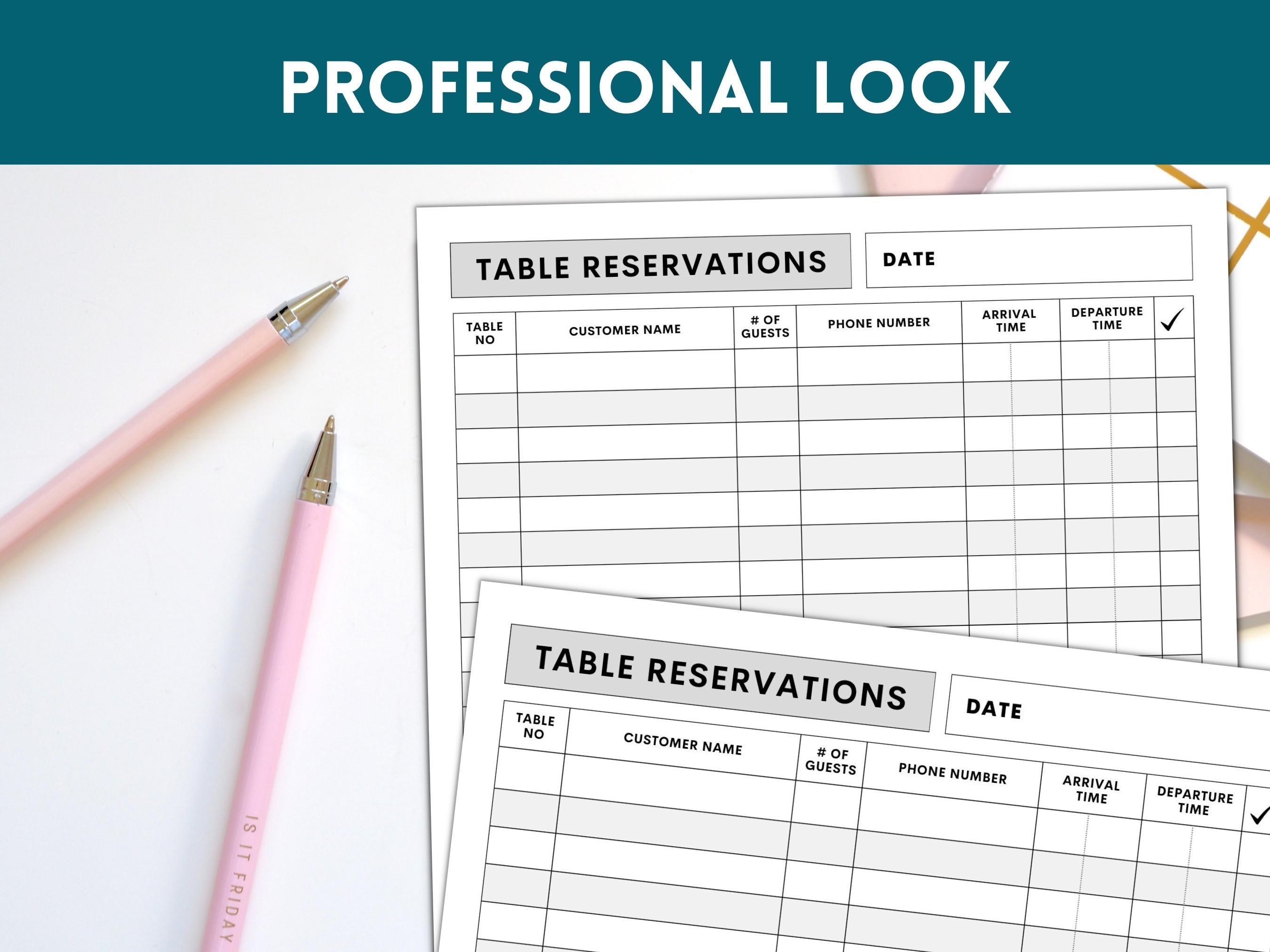 Printable Table Reservation List, Restaurant Table Reservation Form ...