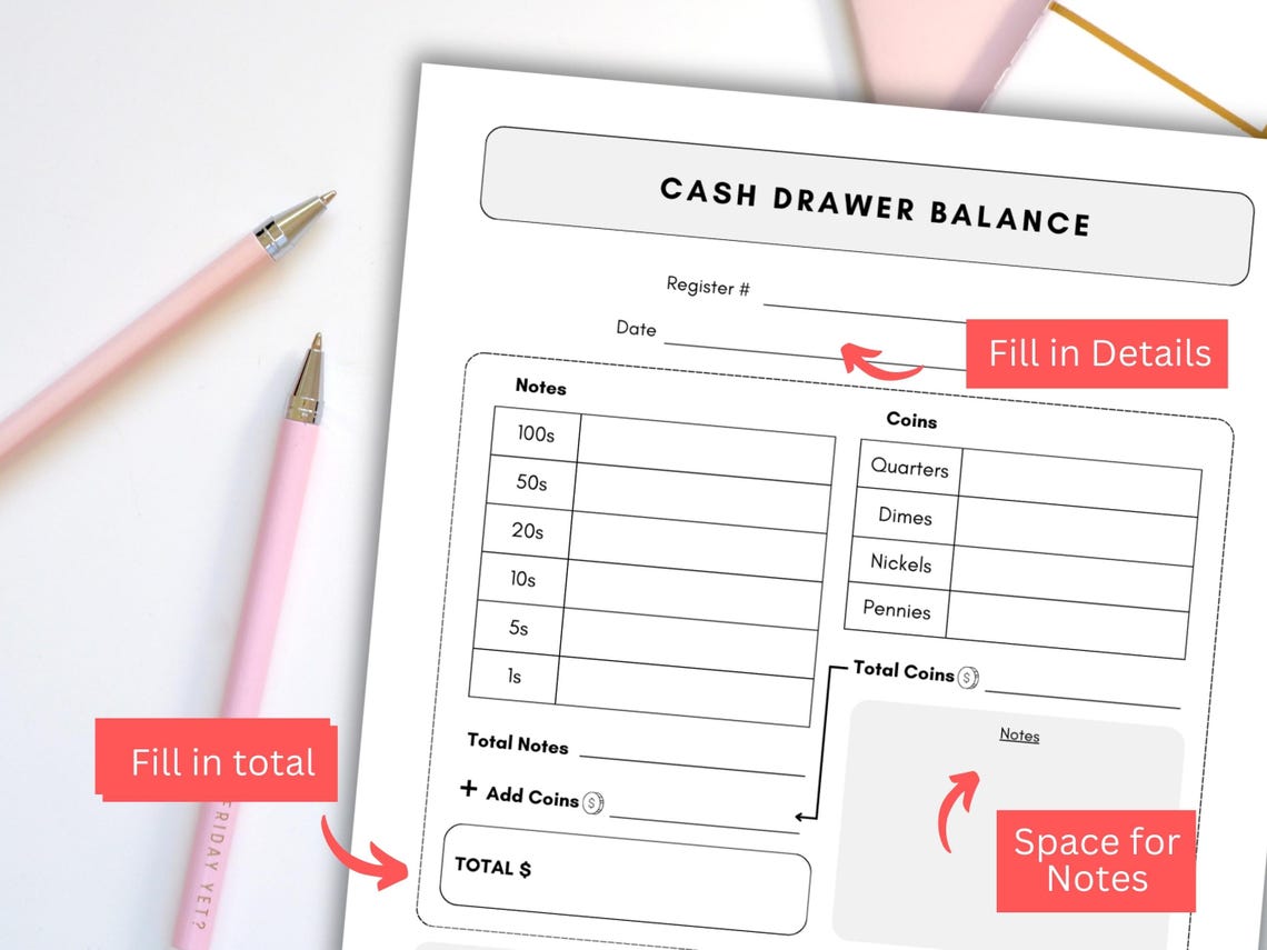 Cash Drawer Sheet, Register Balance Sheet, Cash Breakdown, Opening ...