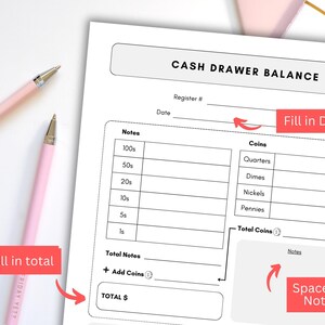 Cash Drawer Sheet, Register Balance Sheet, Cash Breakdown, Opening ...