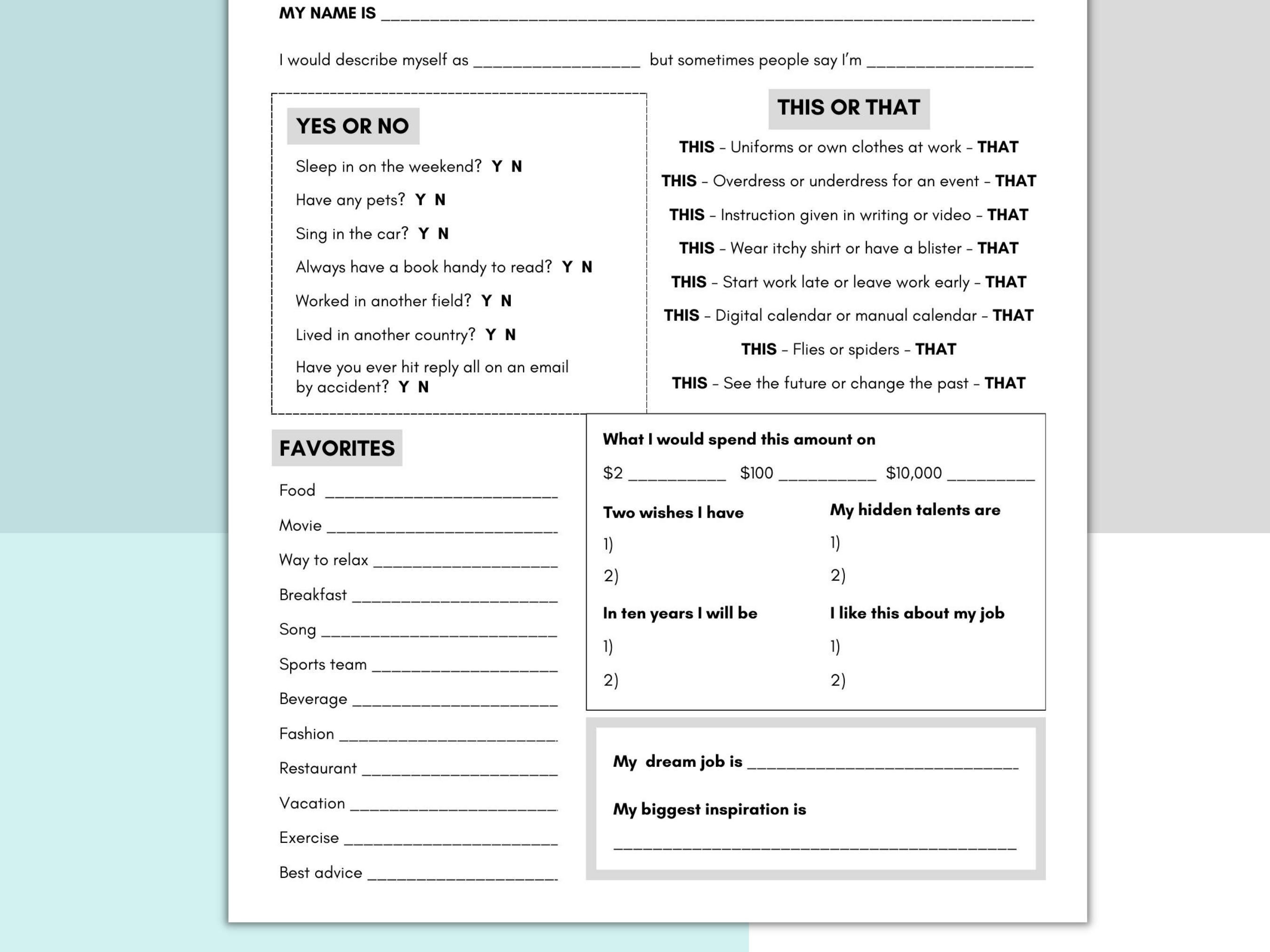 All About Me at Work, Coworker Questions Printable, All About Me Survey ...