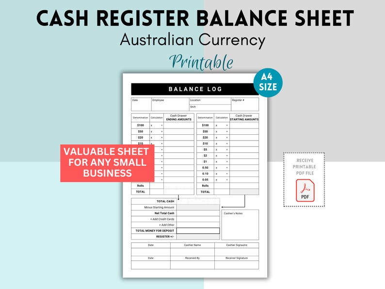 Cash Register Balance Sheet Australian, Till Drawer Balance Log, Cash ...